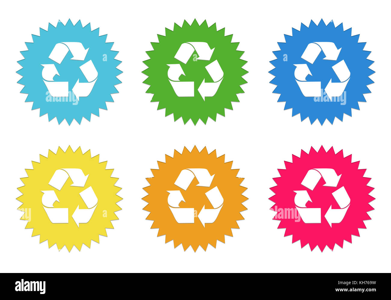 Set of rounded colorful sticker icons with recycle symbol in blue ...