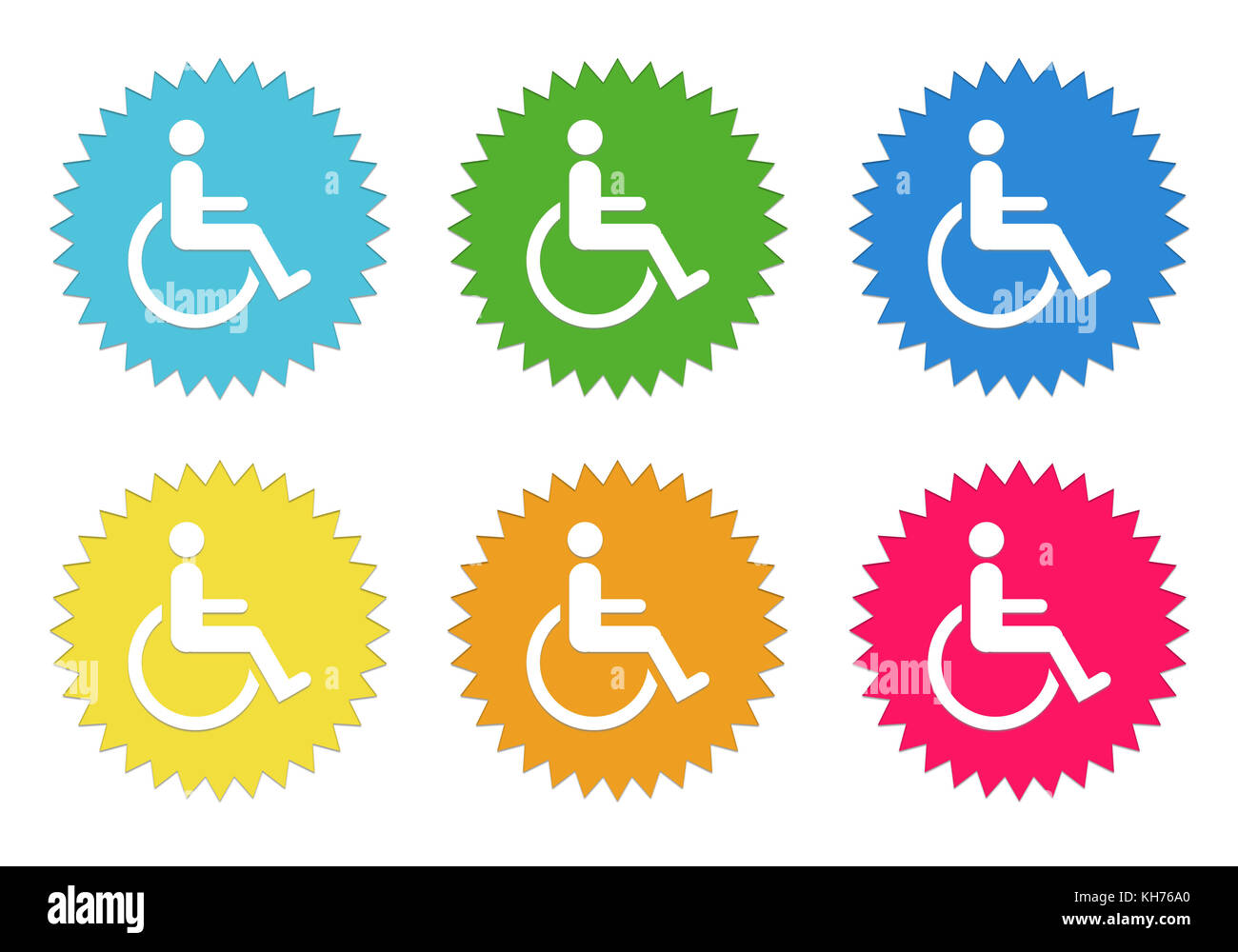Set of rounded colorful sticker icons with handicapped symbol in blue ...