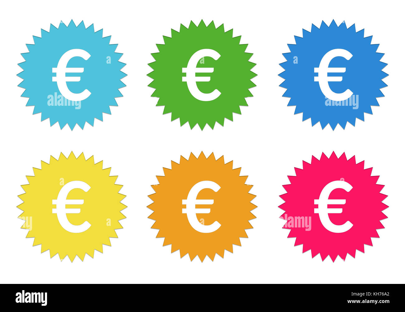 Set of rounded colorful sticker icons with euro symbol in blue, green ...
