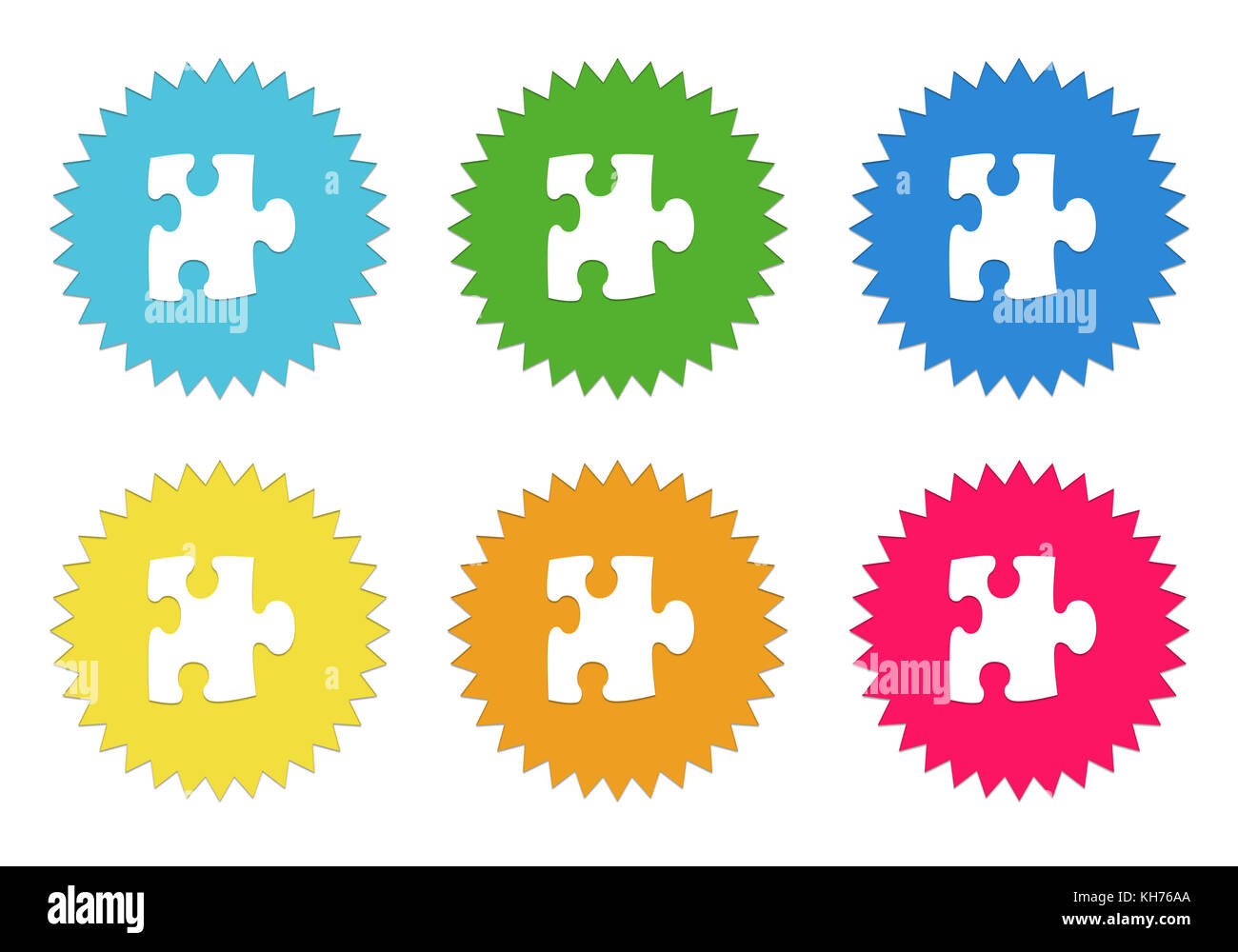 Set of rounded colorful sticker icons with puzzle symbol in blue, green ...