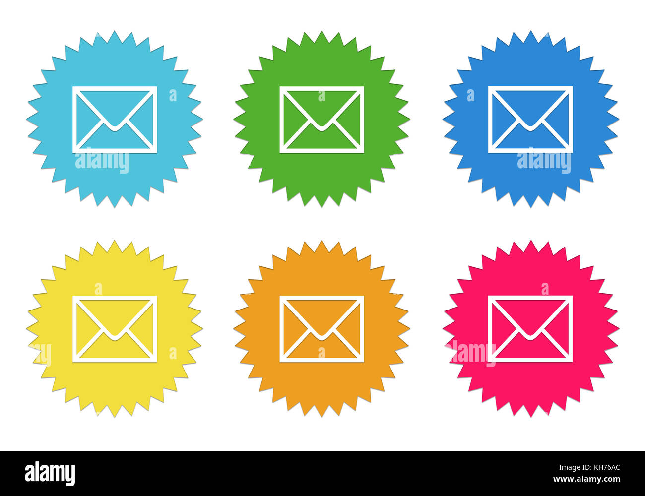 Set of rounded colorful sticker icons with email symbol in blue, green ...