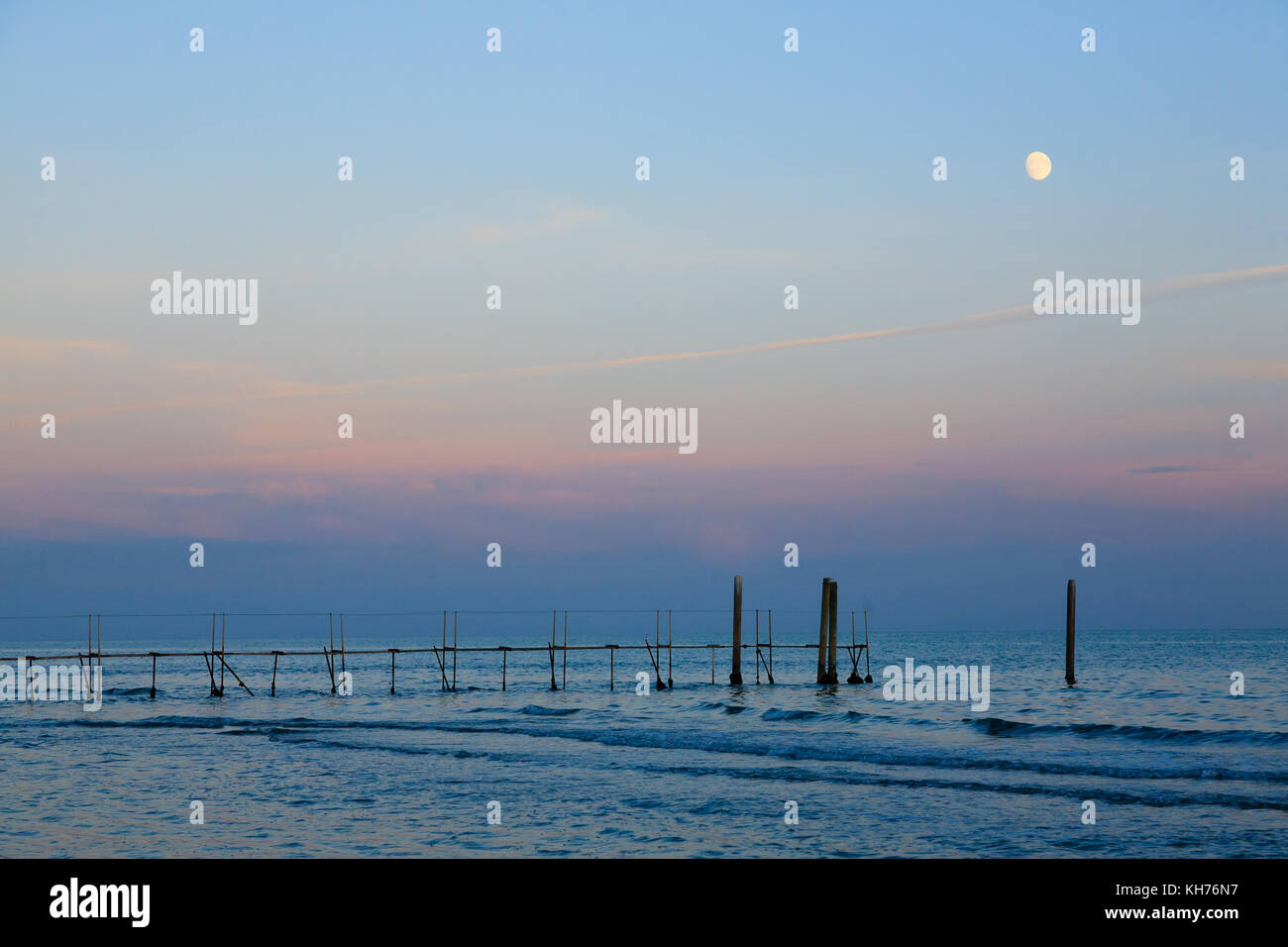 Beach landscape at dawn with moon. Jesolo beach view, Italian panorama ...