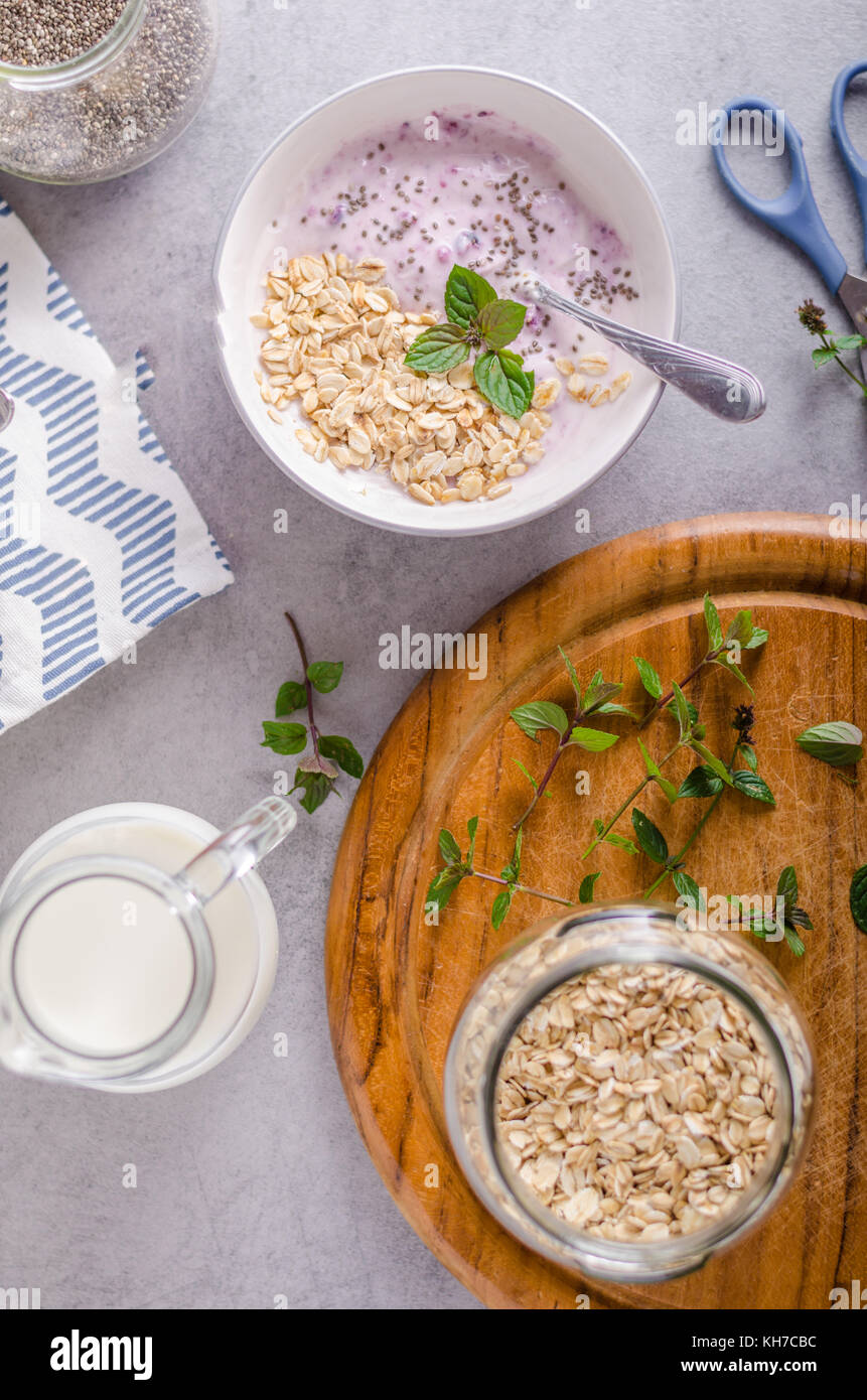 Delish healthy breakfast, oatmeat rapsberry yoghurt food Stock Photo ...