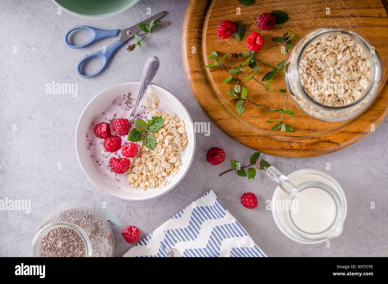 Delish healthy breakfast, oatmeat rapsberry yoghurt food Stock Photo ...