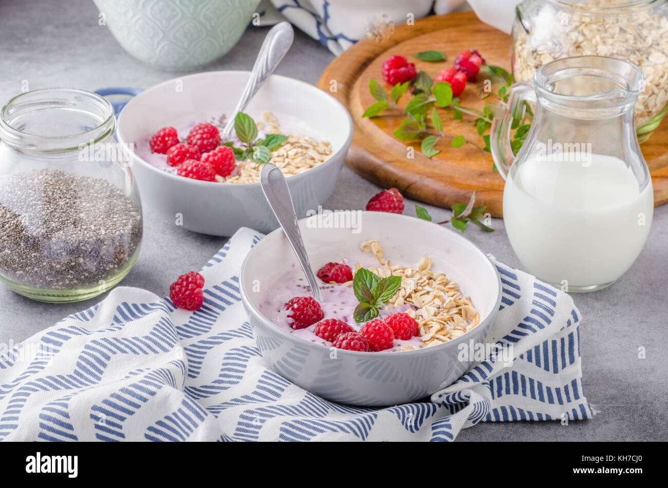 Delish healthy breakfast, oatmeat rapsberry yoghurt food Stock Photo ...