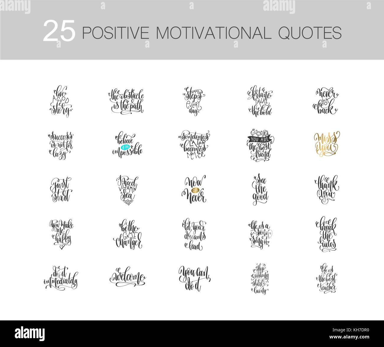 set of 25 handwritten lettering inscriptions positive quote Stock ...