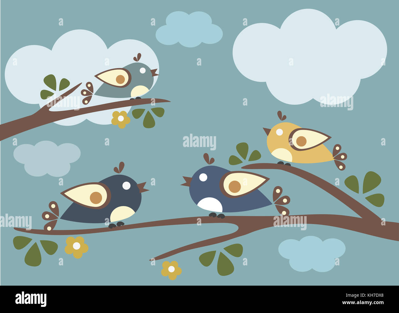 Birds sitting on tree branches. Vector Illustration, sunny day Stock ...