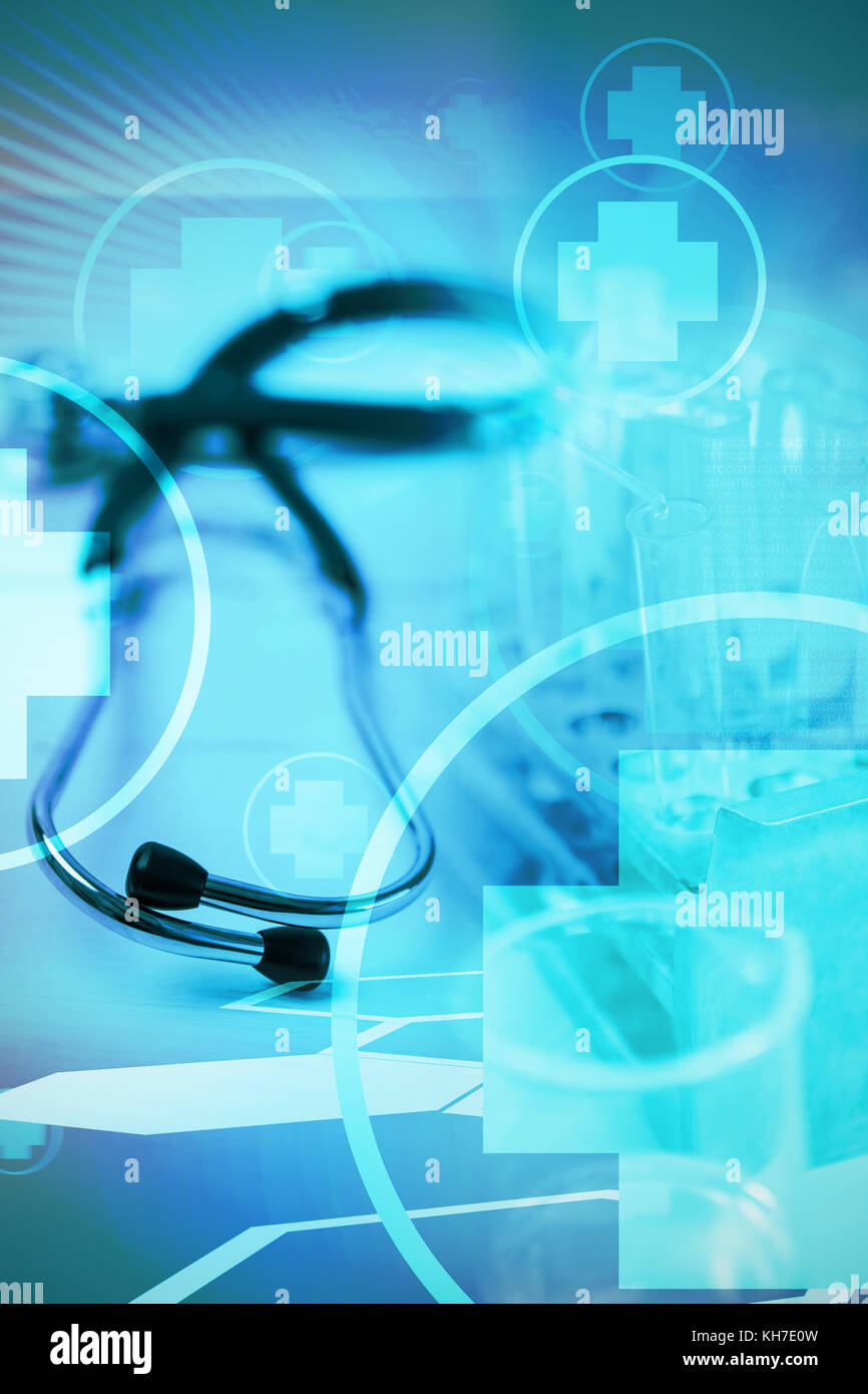 Digital background with scientist device against stethoscope on desk ...