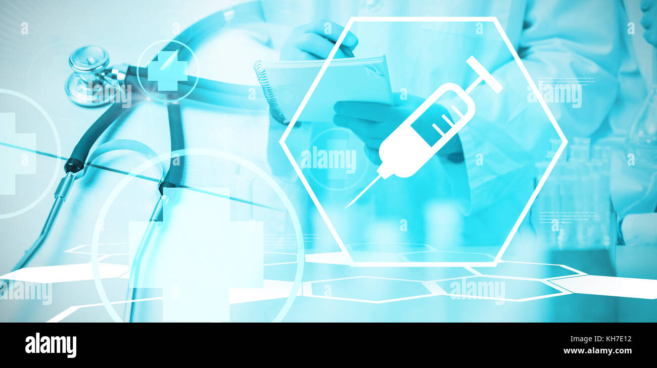 Digital background with scientist device against stethoscope on desk ...