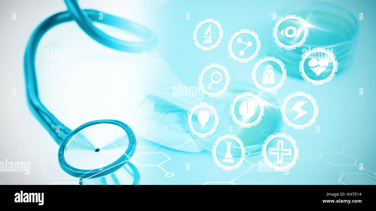 Medical icons set against blue stethoscope Stock Photo - Alamy