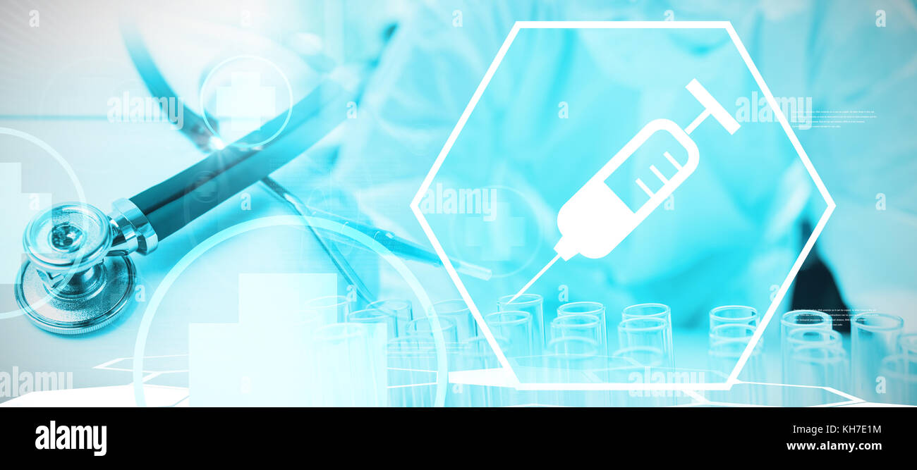 Digital background with scientist device against stethoscope on desk ...