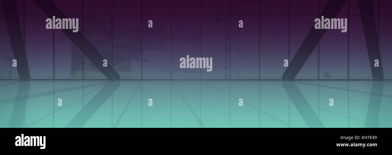 Purple and blue background against view of several building from inside ...