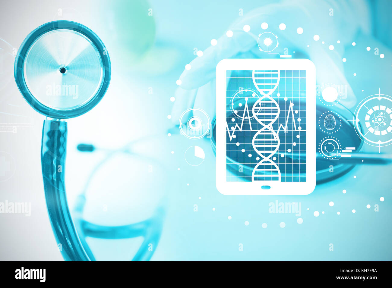 Digital background with DNA sign against part of the blue stethoscope ...