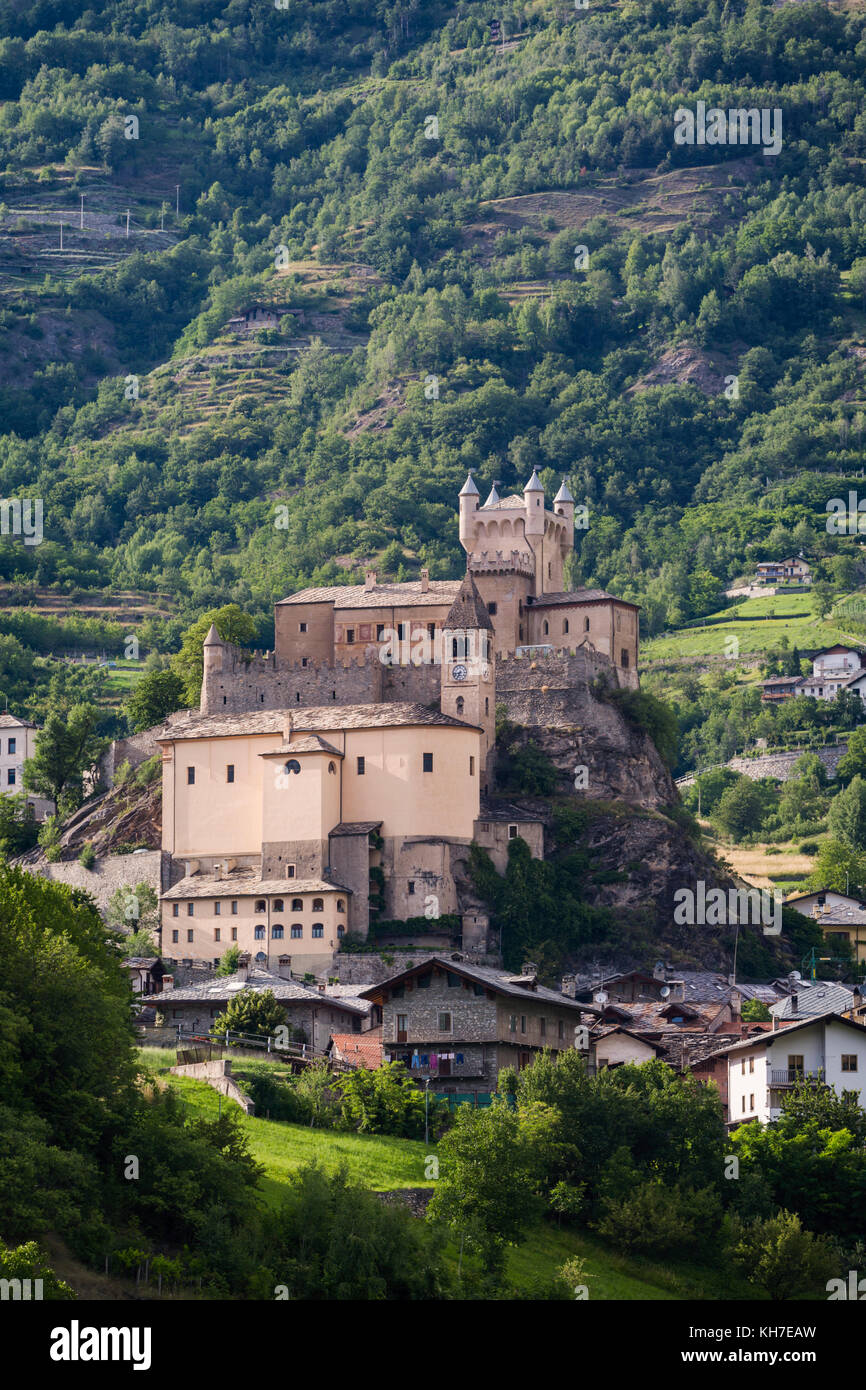 Saint-Pierre, Aosta Valley, Italy. Saint-Pierre castle with the parish ...