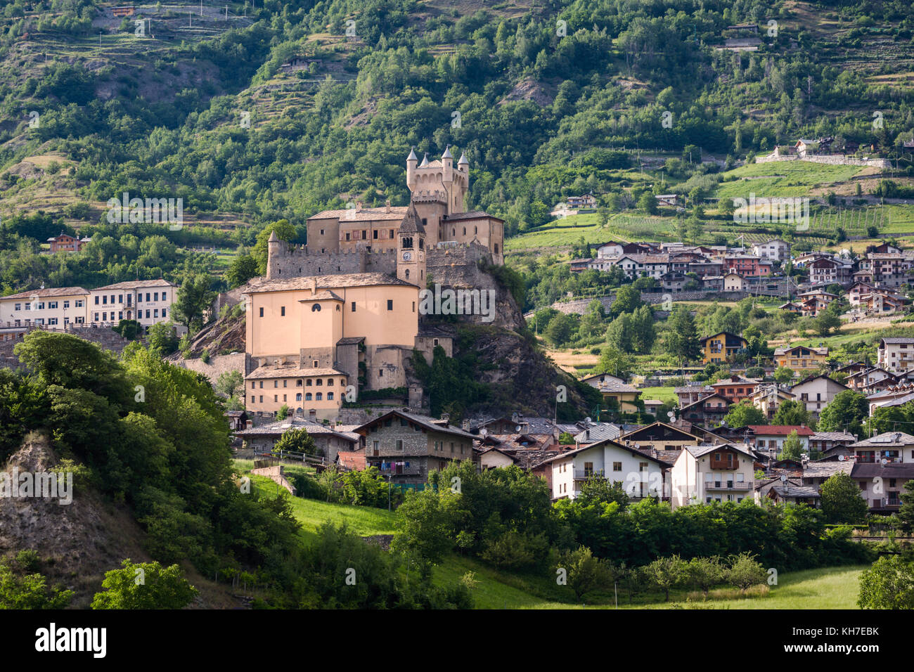 Saint-Pierre, Aosta Valley, Italy. Saint-Pierre castle with the parish ...