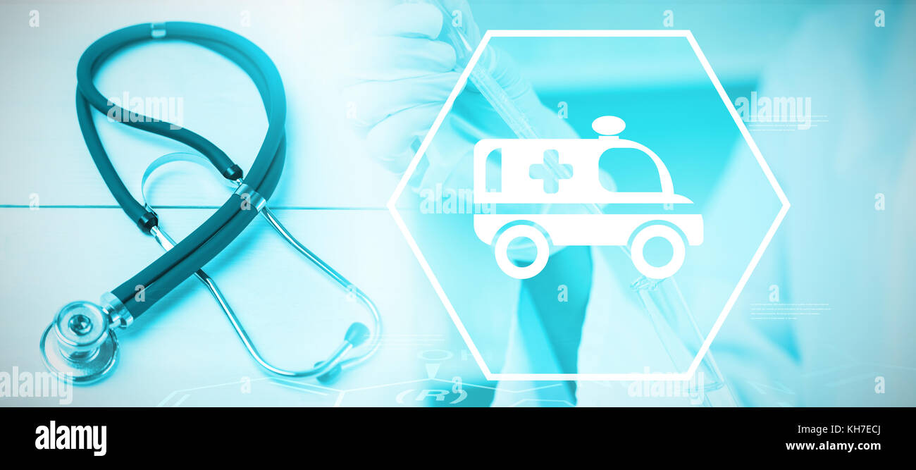 Digital background with emergency sign against stethoscope on desk ...