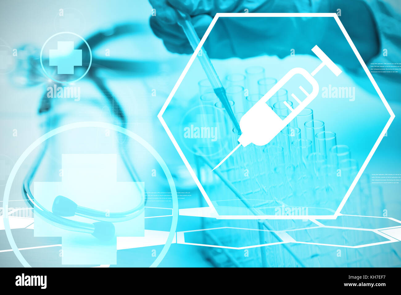 Digital background with scientist device against stethoscope on desk ...