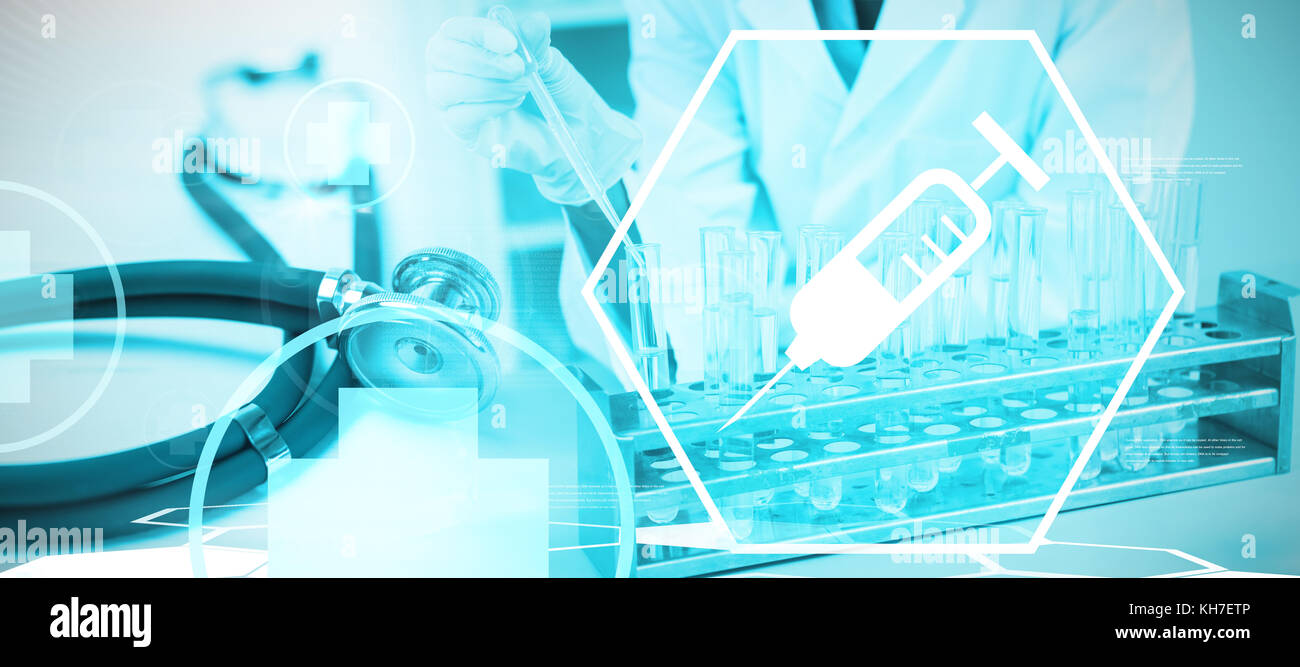 Digital background with scientist device against stethoscope on desk ...