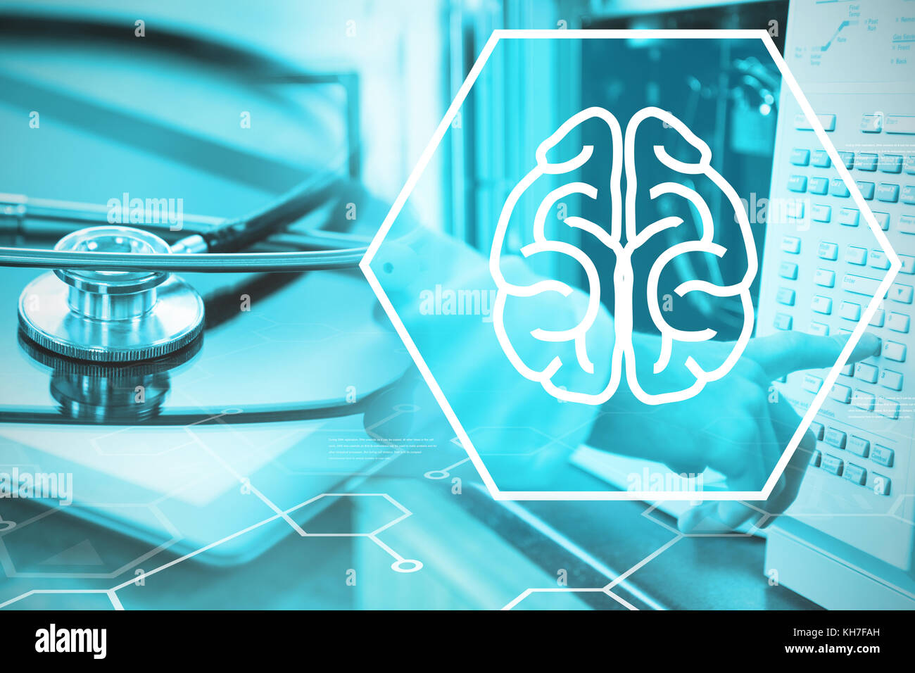 Digital background with brain sign against stethoscope on digital ...