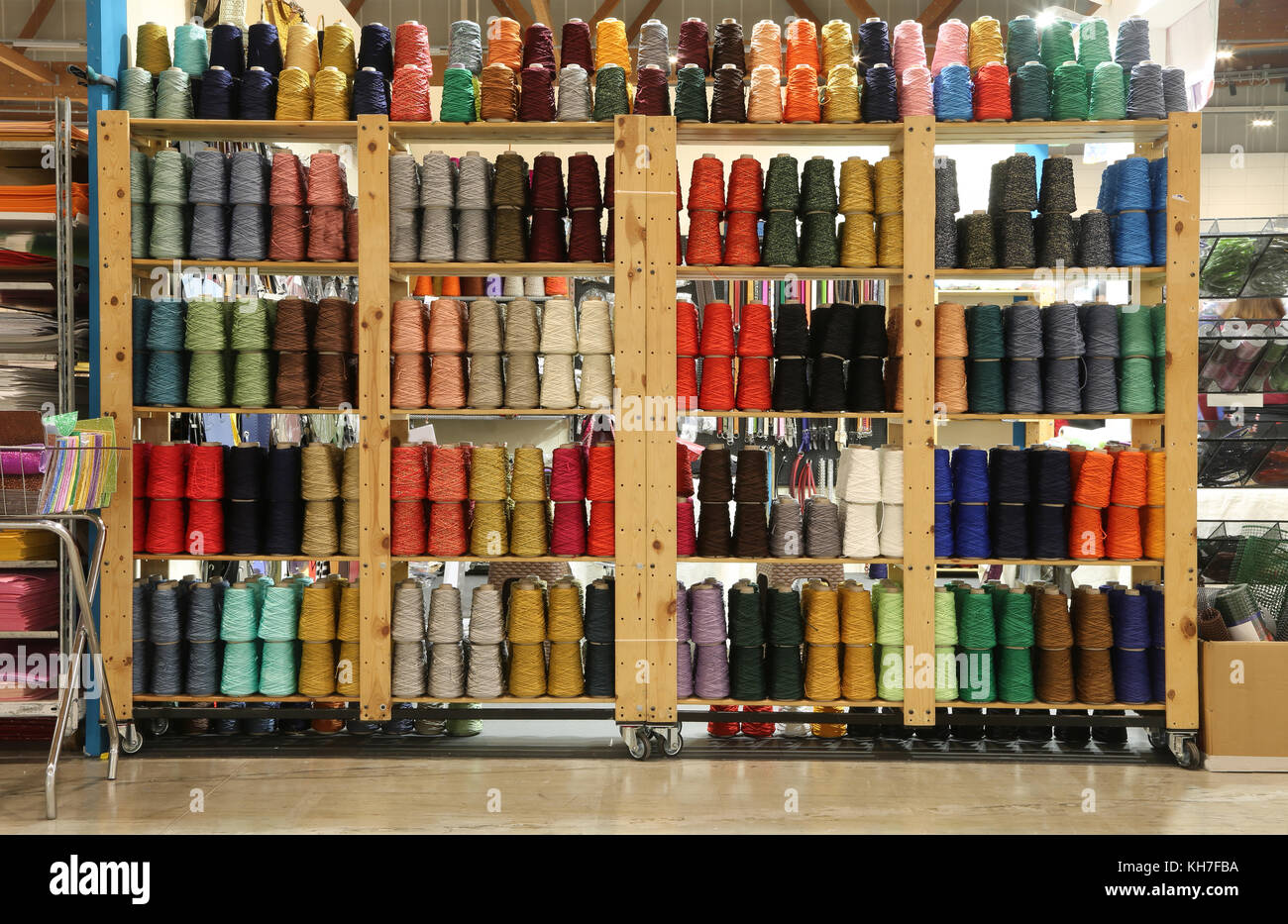 shelf of haberdashery with lots of threads and wadding for sale Stock ...