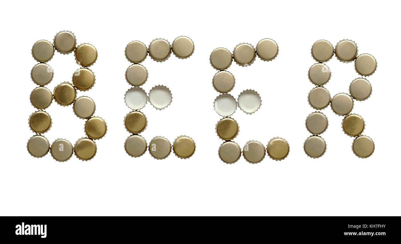 Word Beer made from bottle caps on white background Stock Photo - Alamy