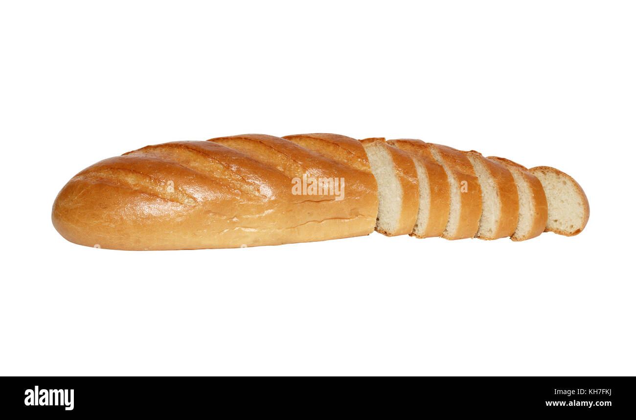 Sliced fresh-baked long loaf of bread isolated on white background with ...