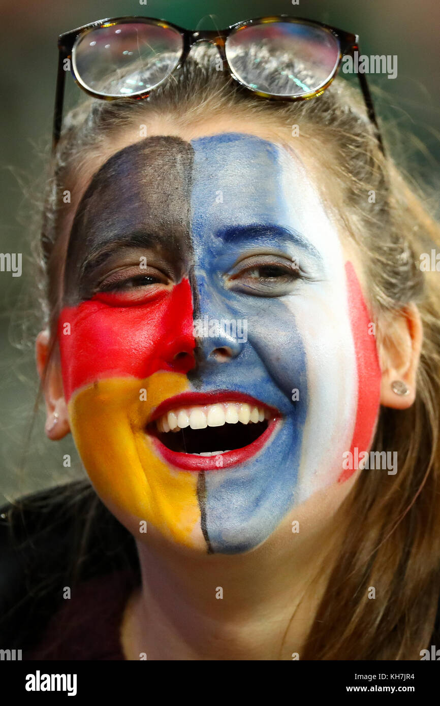 Cologne, Germany. 14th Nov, 2017. A young French woman has make up on ...