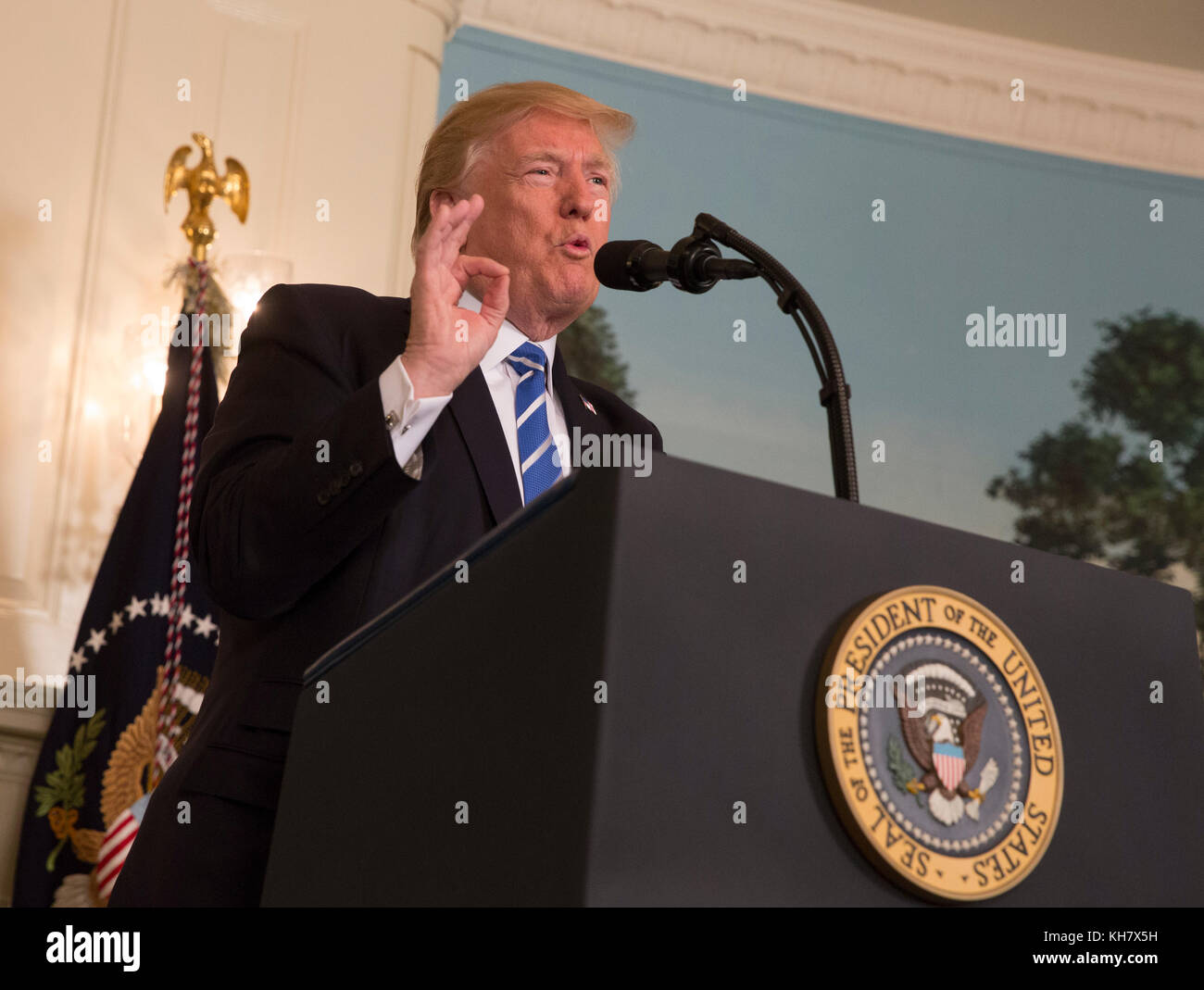 United States President Donald J. Trump makes a statement at the White ...
