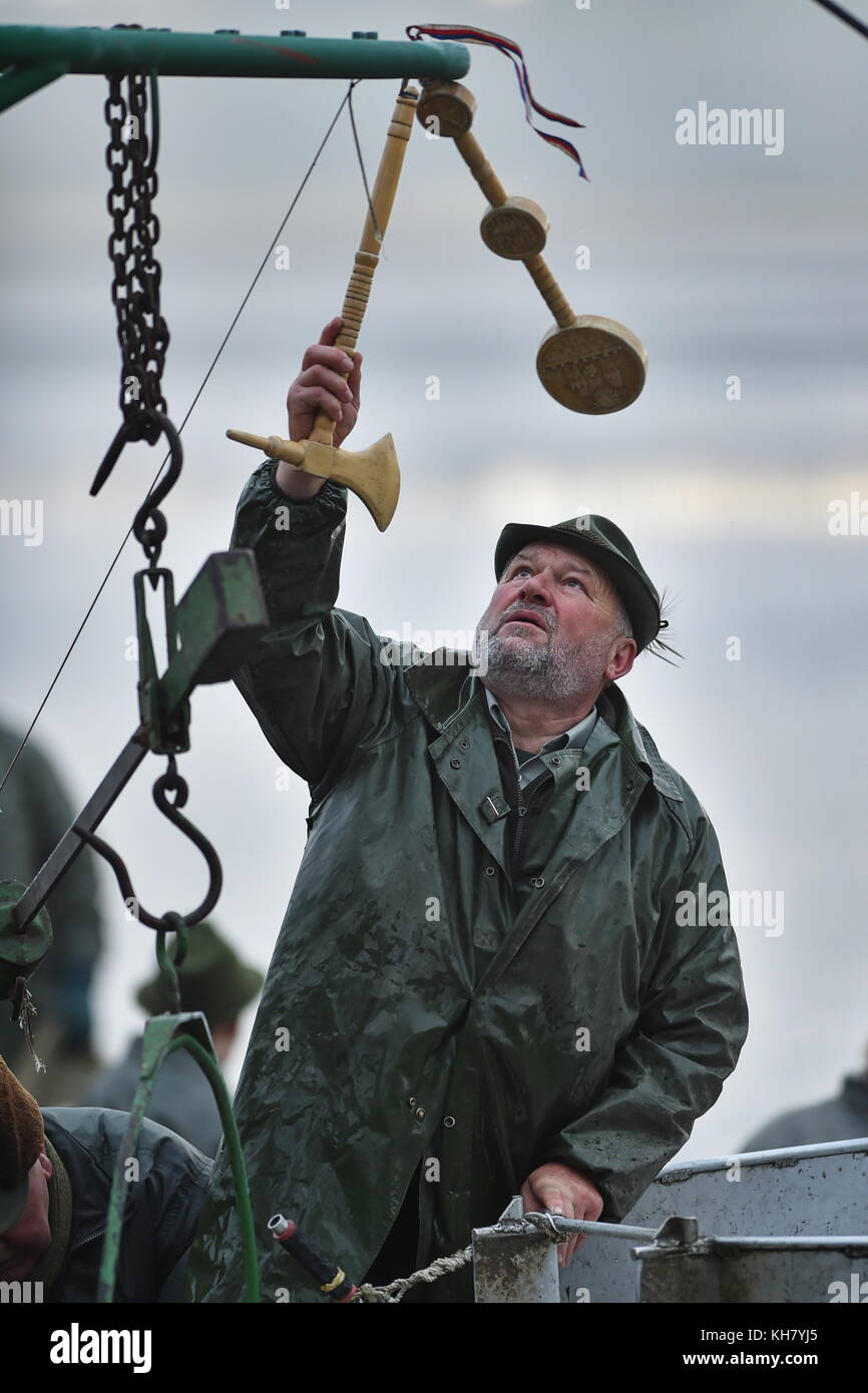 Zar, Czech Republic. 16th Nov, 2017. Fishermen fish out the Zarsky pond ...