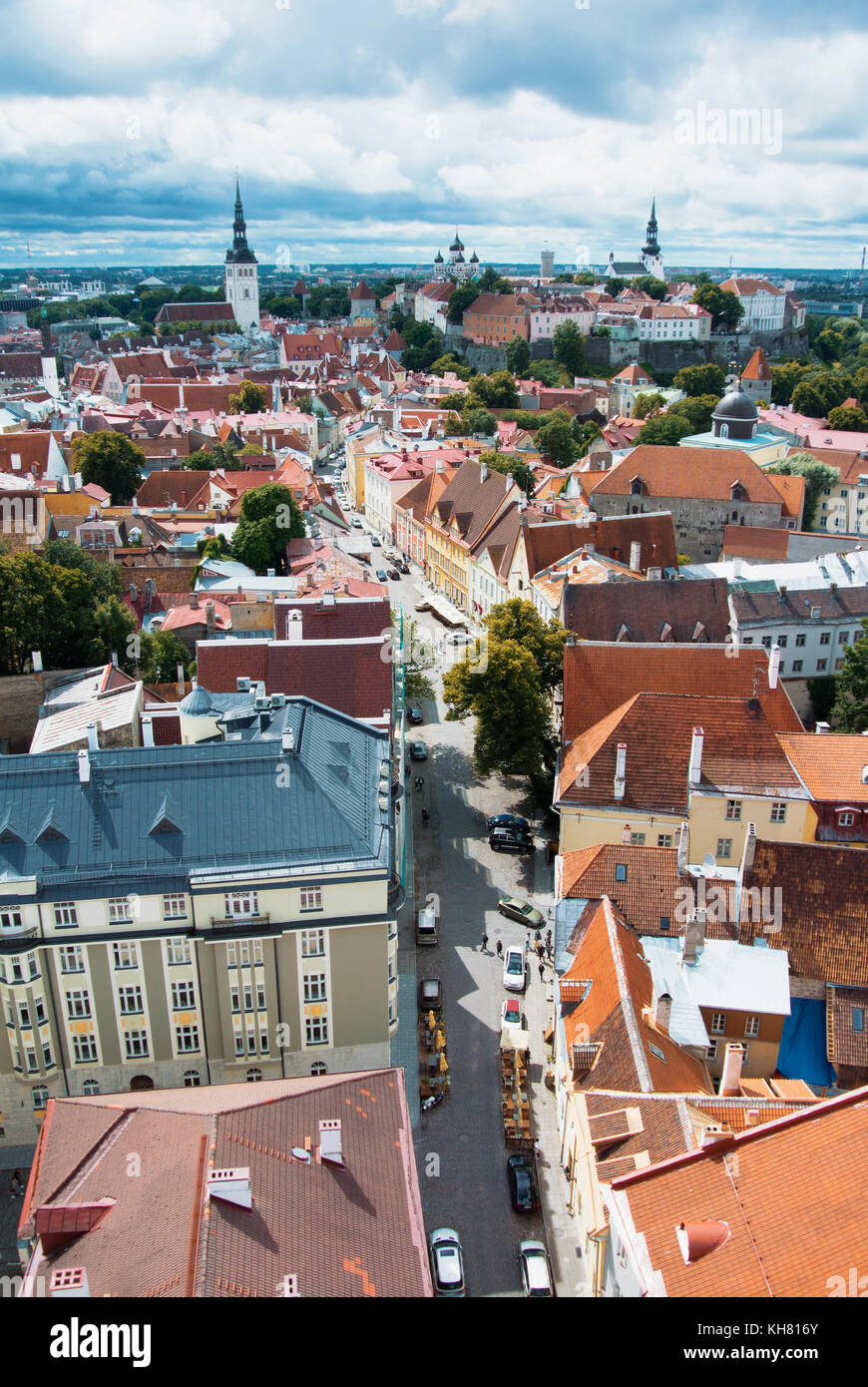 Aerial panoramic view of Tallinn old town city center and narrow ...