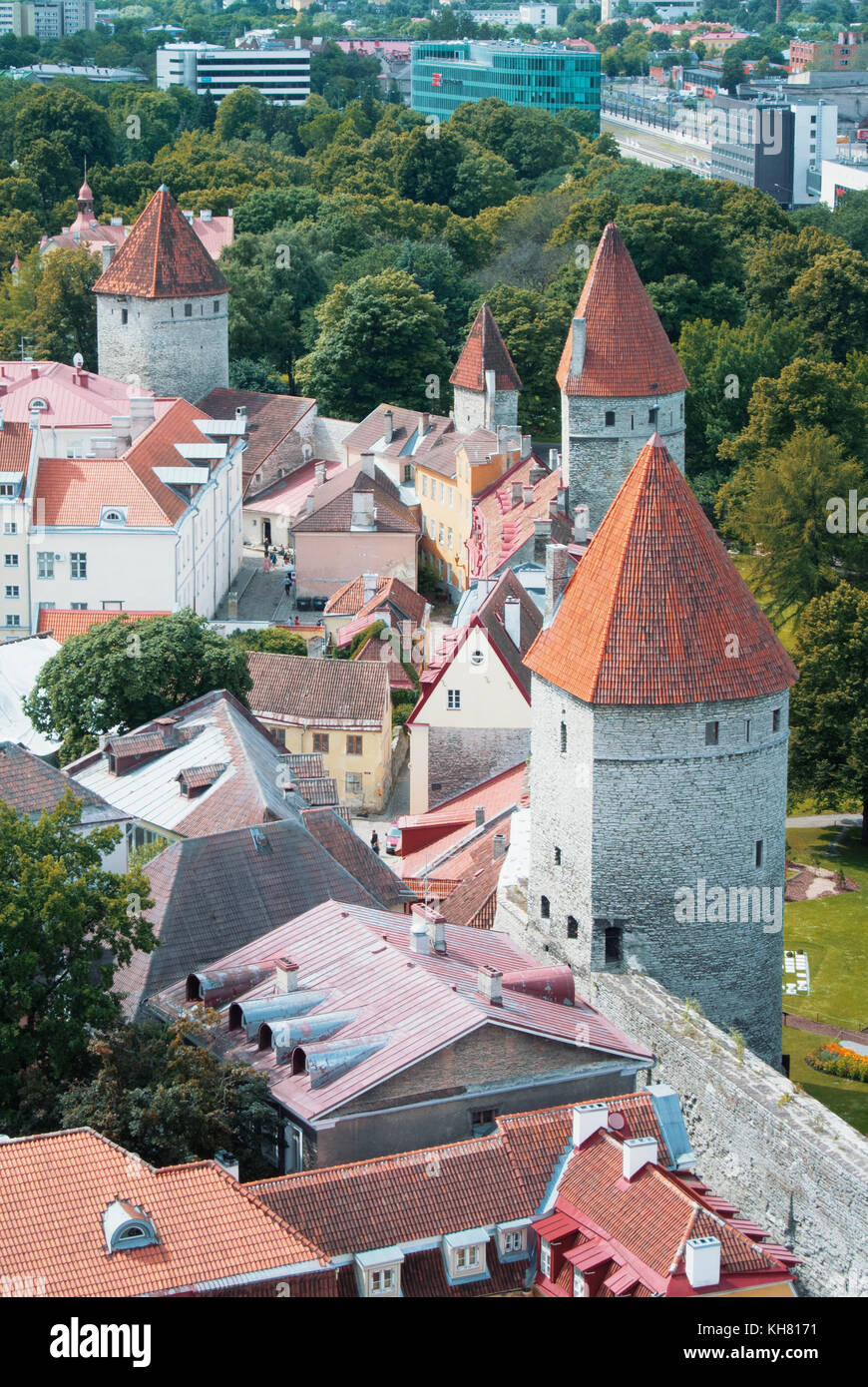 Aerial panoramic view of Tallinn old town city center towers and walls ...