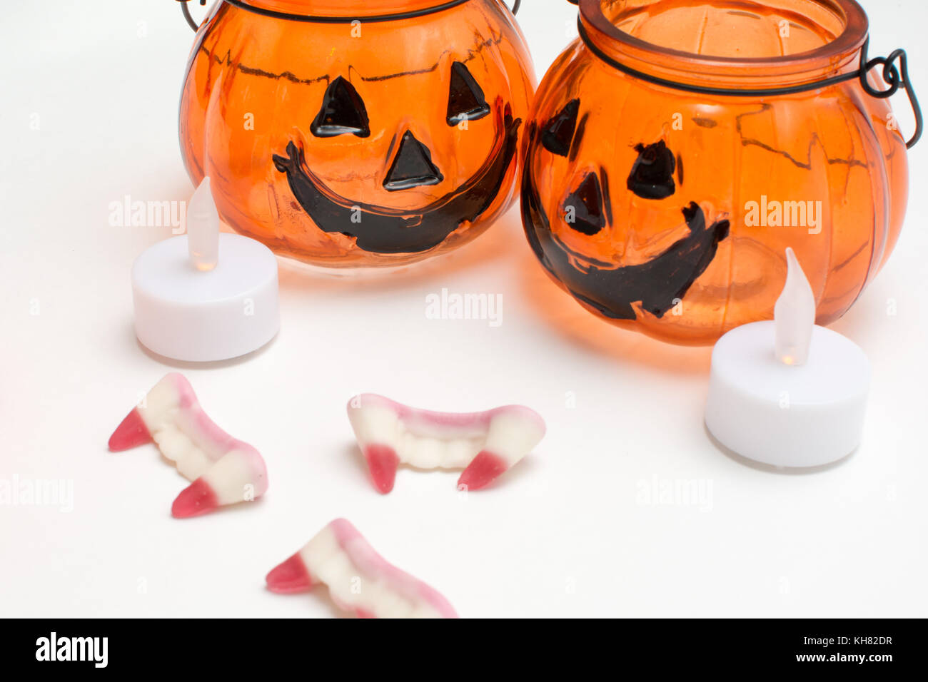 Halloween party objects arranged and isolated on a white background ...