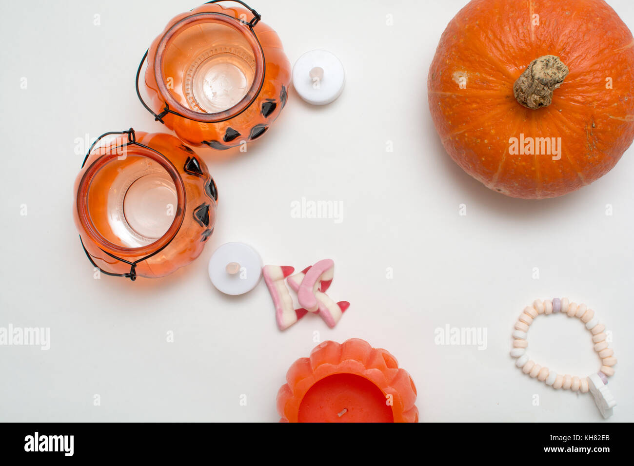 Halloween party objects arranged and isolated on a white background ...