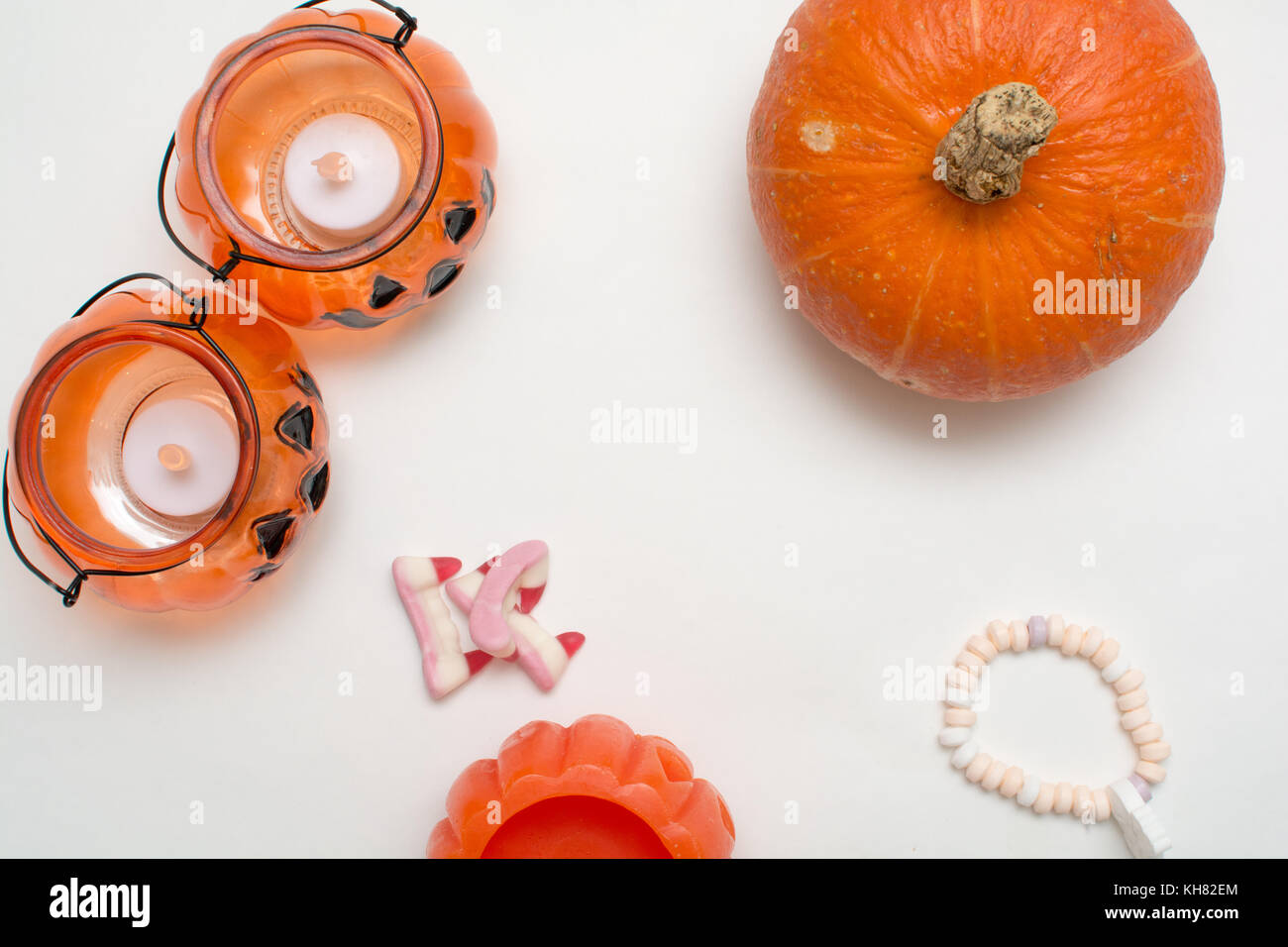 Halloween party objects arranged and isolated on a white background ...