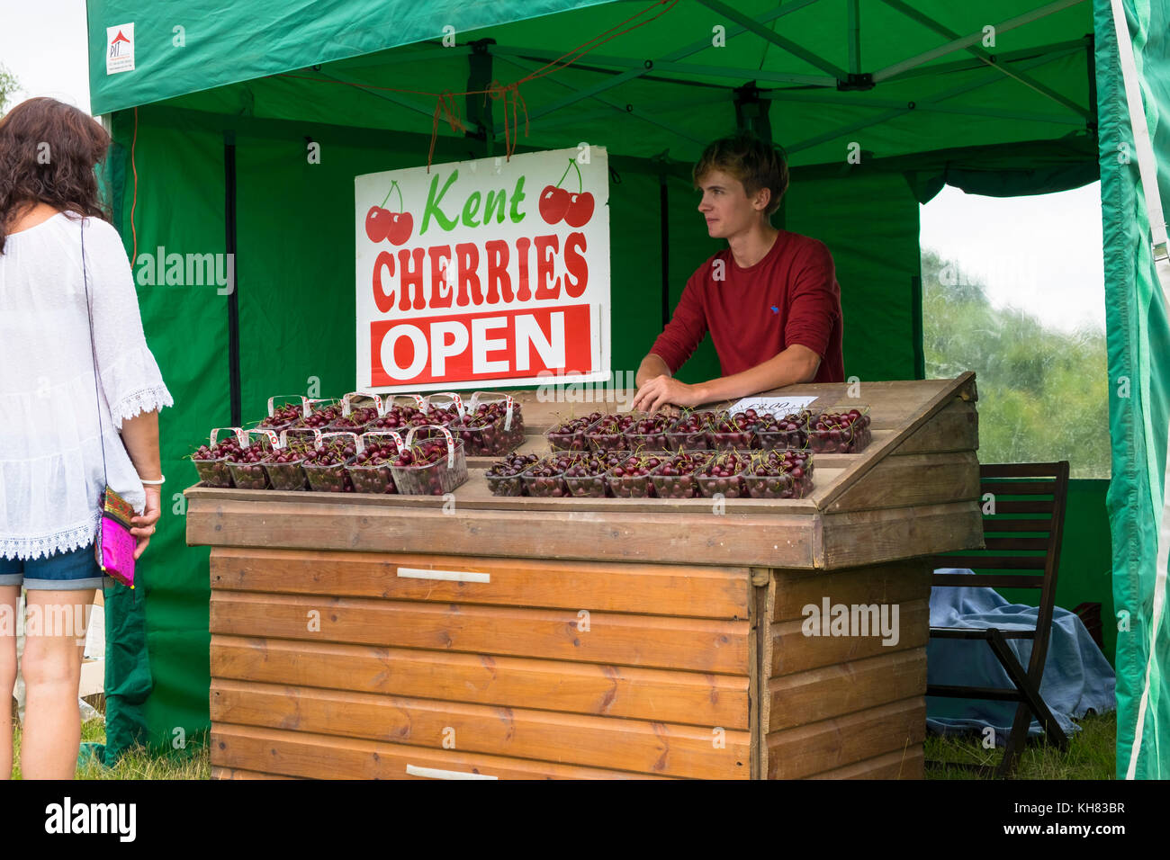 Punnets of Kent cherries on display sold by a young man in a gazebo ...