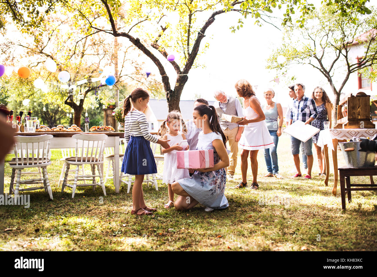 Family celebration or a garden party outside in the backyard Stock ...