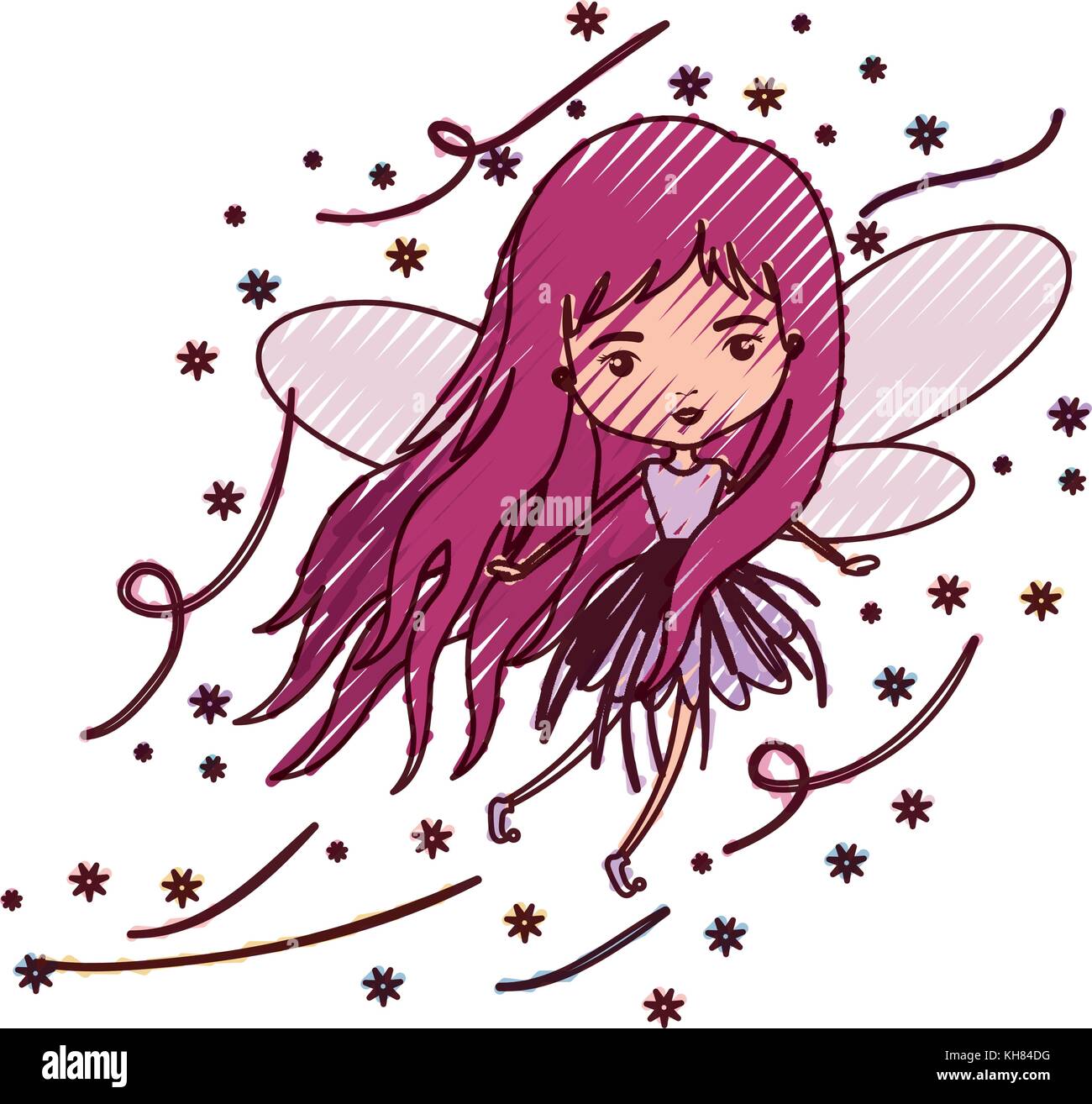 girly fairy flying with wings and long hair in colored crayon ...