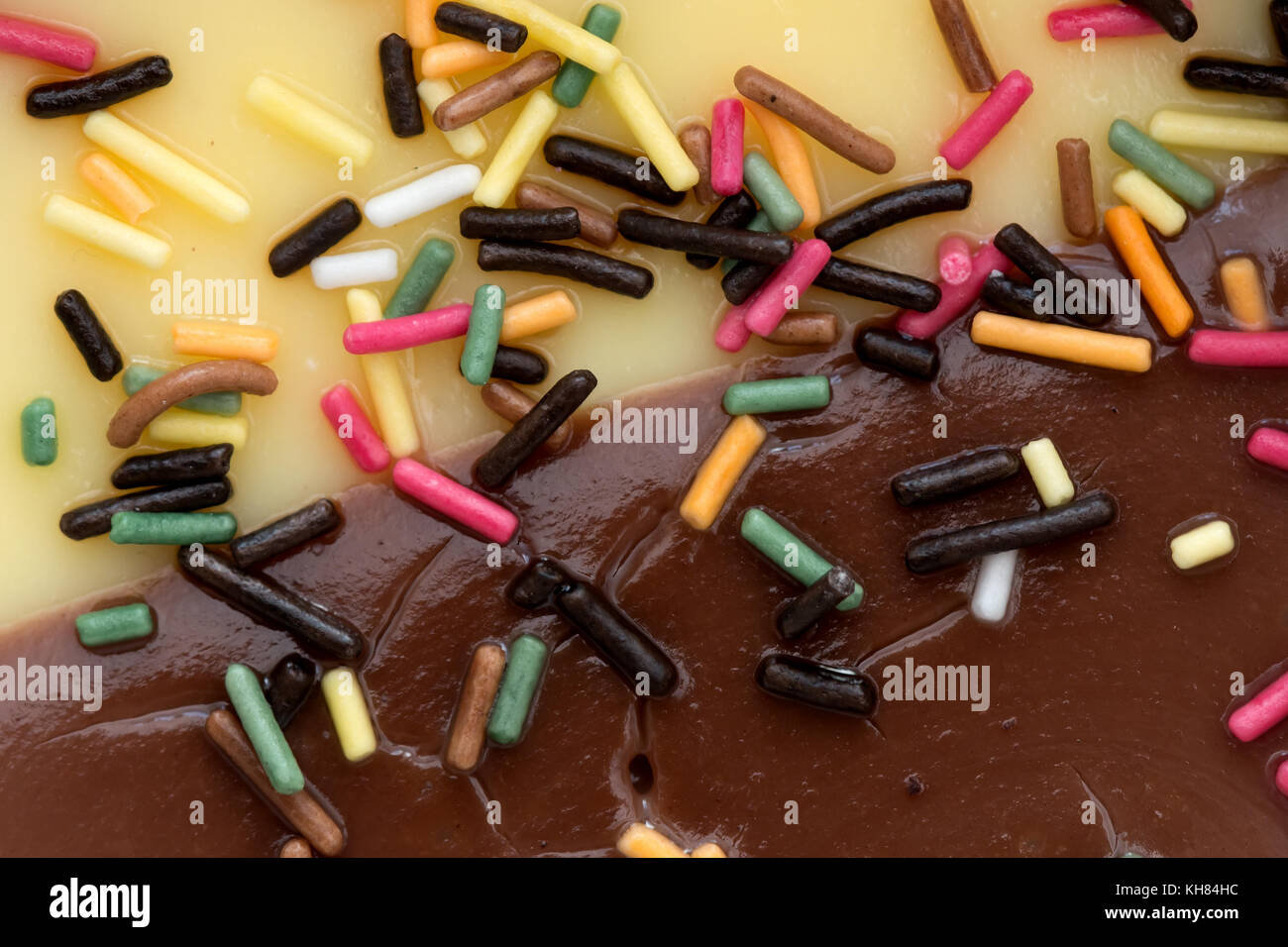 vanilla and chocolate creamy dessert orned with multicolored candies ...