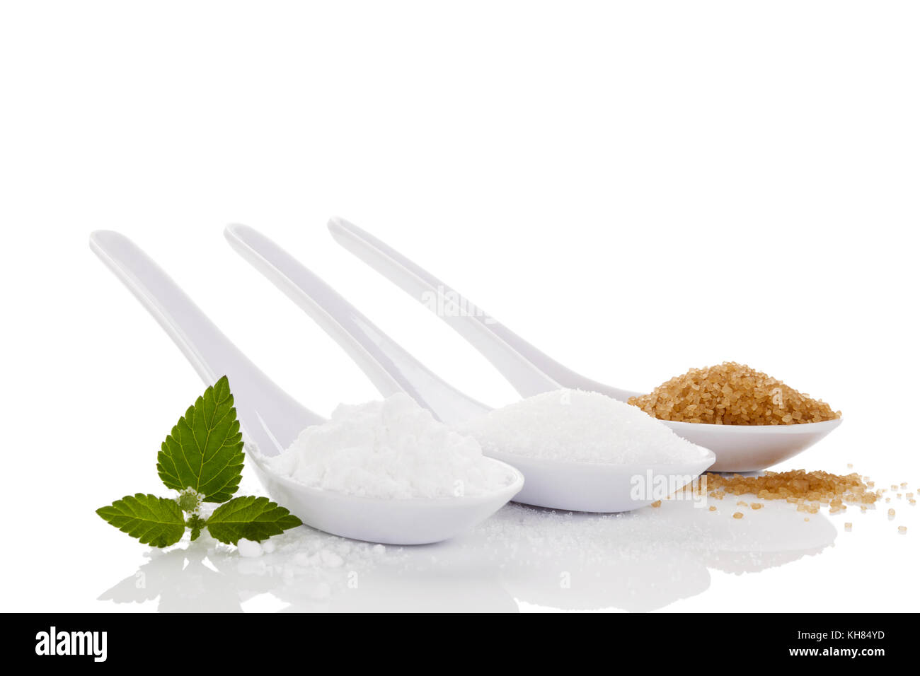 Various types of sugar. Aztec sweet herb, brown, granulated and ...