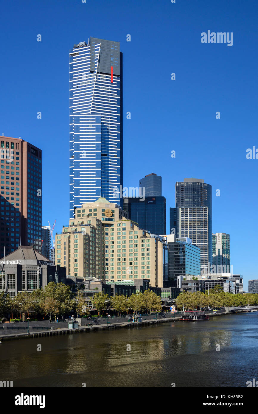 The Eureka Tower dominates the city skyline of the Southbank Precinct ...