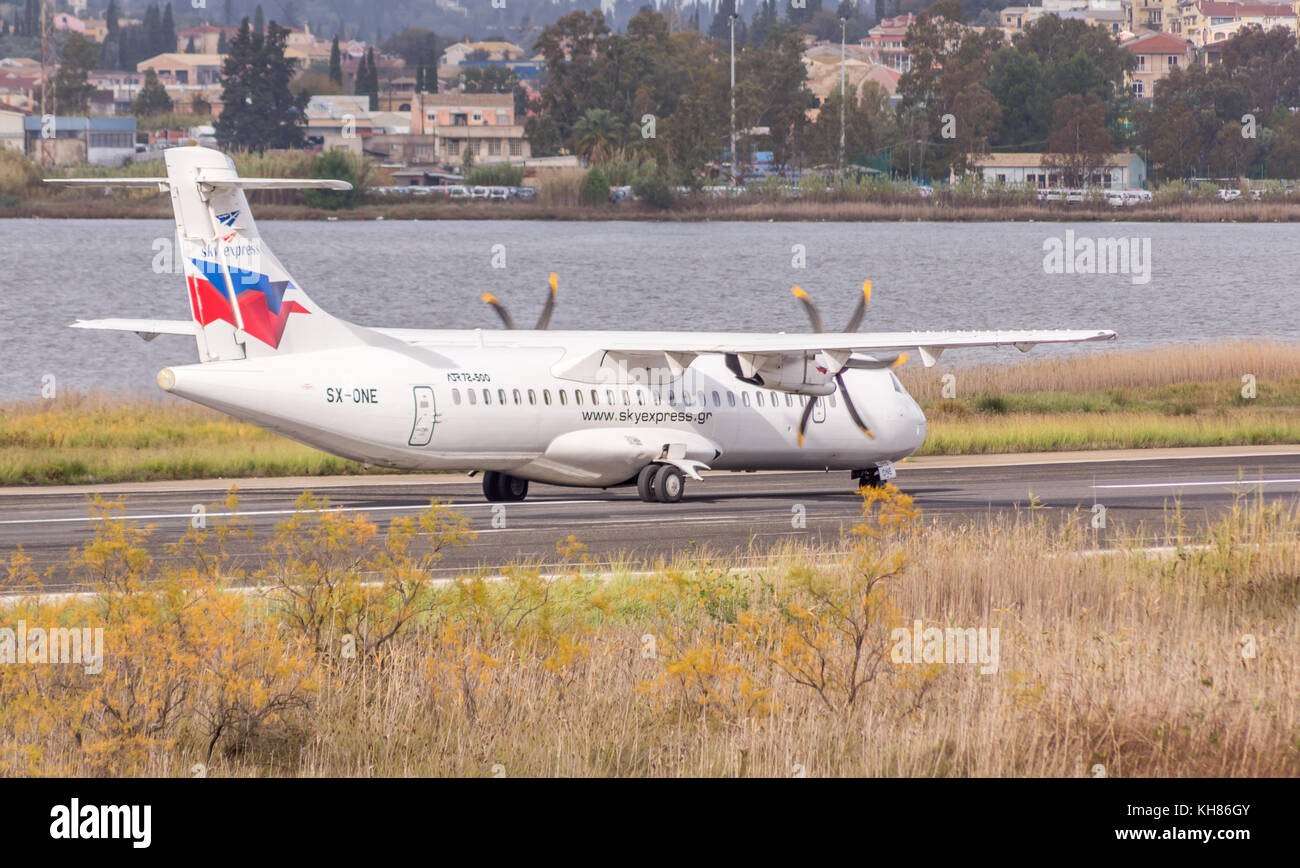 CORFU, GREECE- NOVEMBER 12, 2017 : Plane ATR 72-500 (SX-ONE) of Sky ...