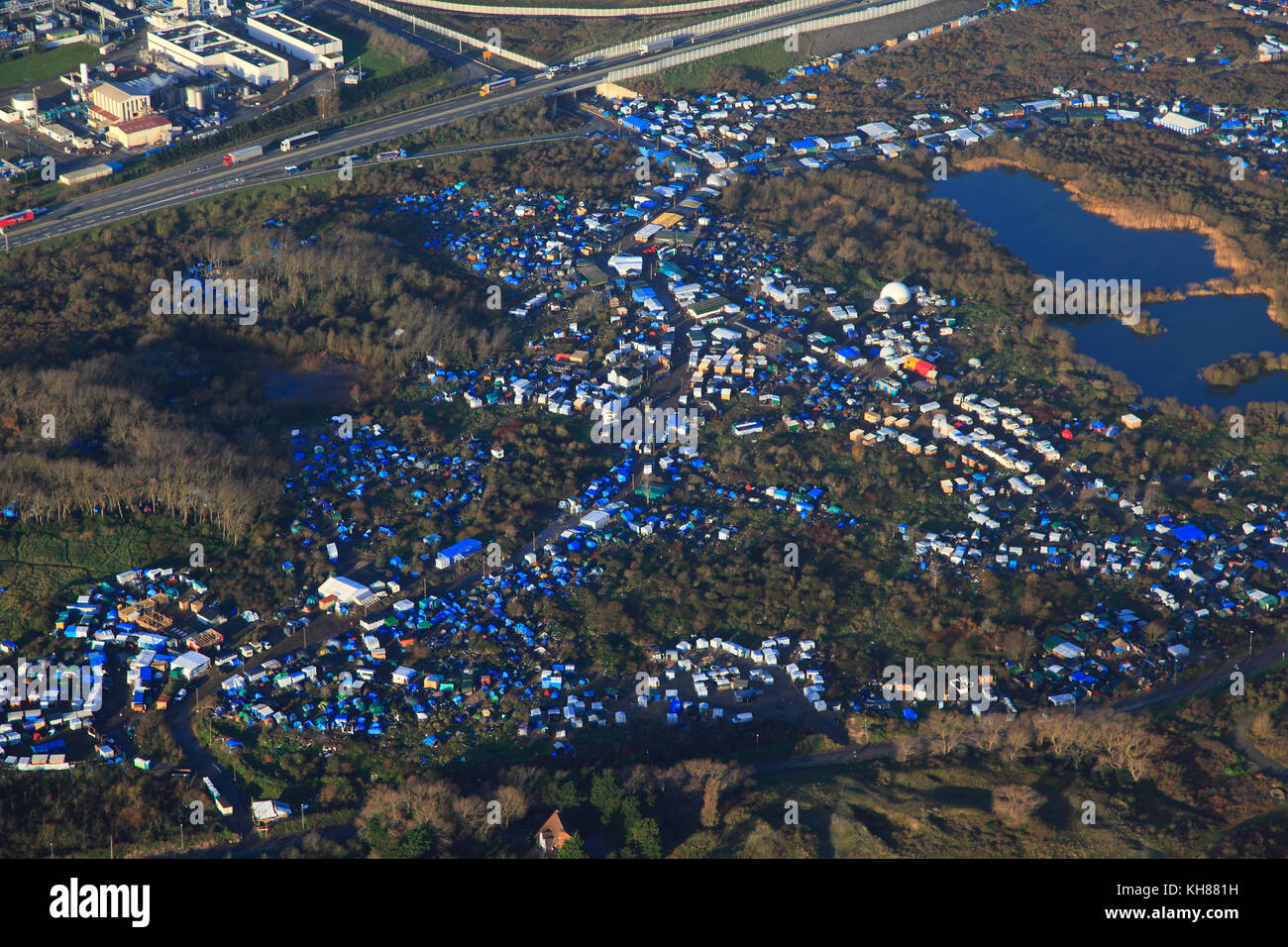 France, Pas de Calais, Calais. Aerial view of the jungle. Migrants camp ...