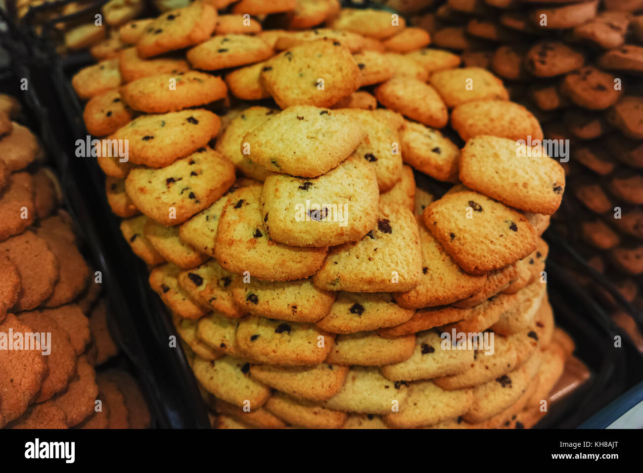 Traditional old french biscuits and cookies shop, stack with variery of ...