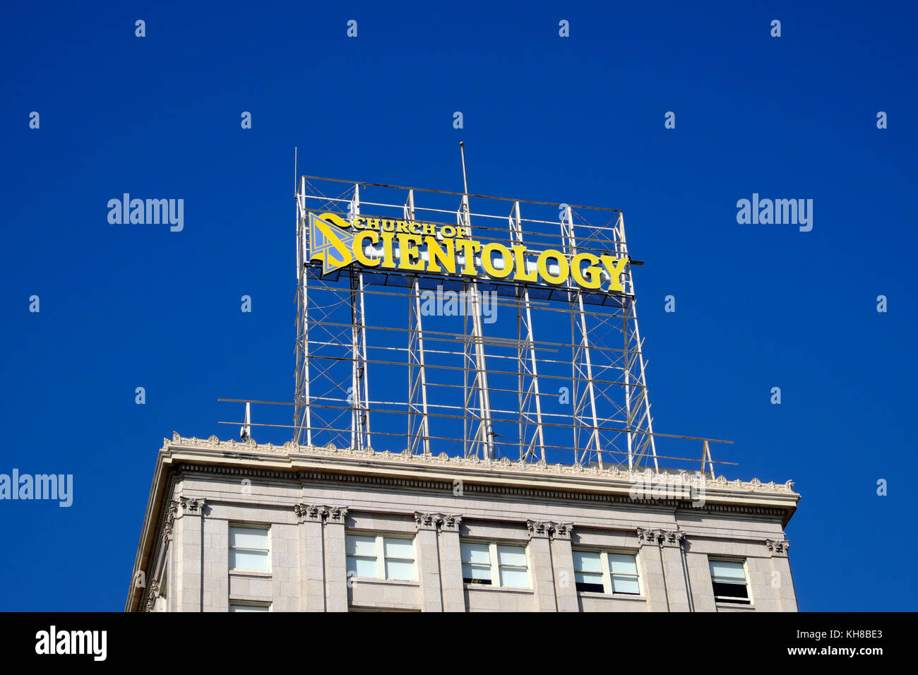 Scientology sign against a blue sky on a building in Hollywood, Los ...