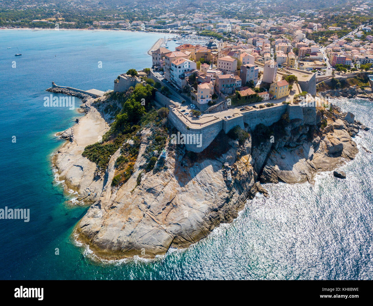 Aerial view of Calvi city, Corsica, France. Walls of the city, cliff ...