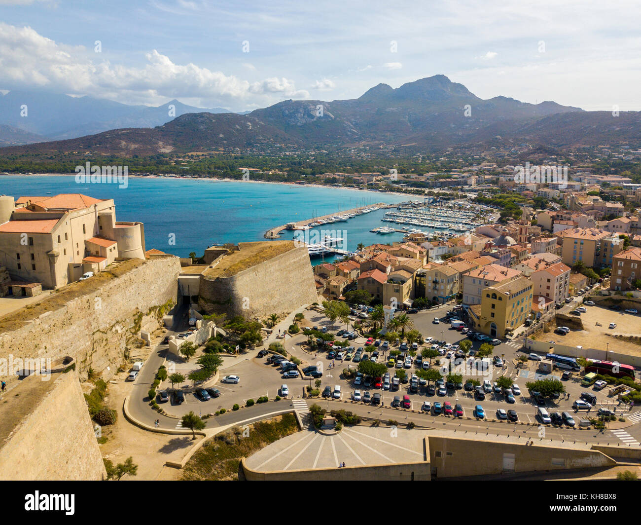 Aerial view of Calvi city, Corsica, France. Walls of the city, cliff ...