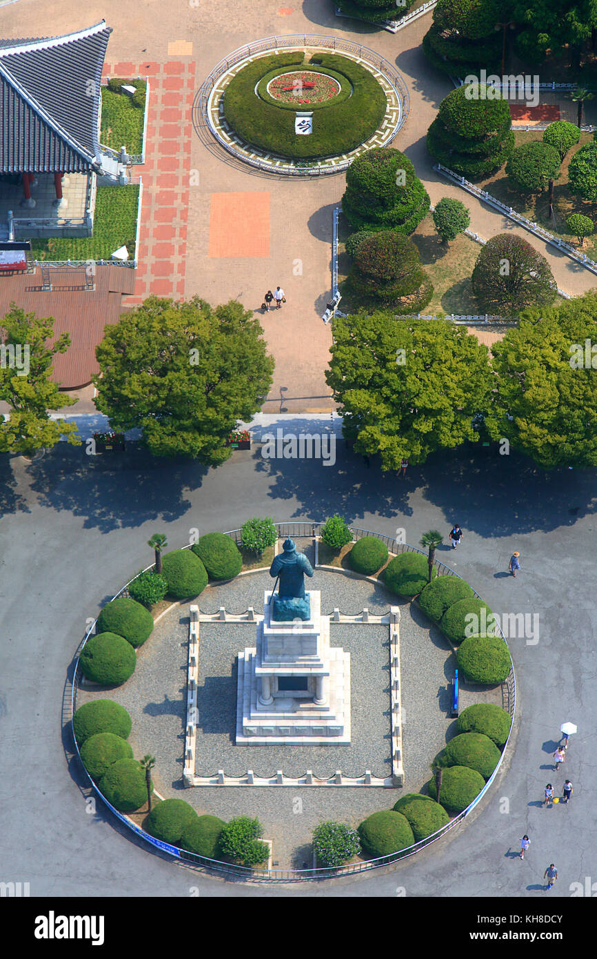 South Korea, Busan. See from Busan Tower. Statue of Admiral Yi Sun-shin ...