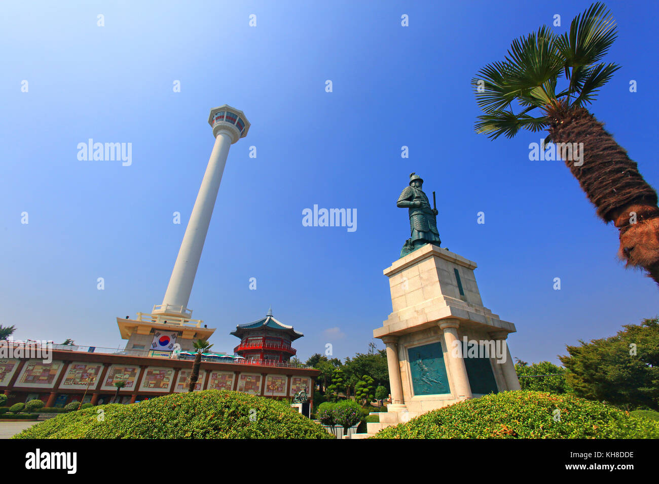 South Korea, Busan. Busan Tower. Statue of Admiral Yi Sun-shin Stock ...