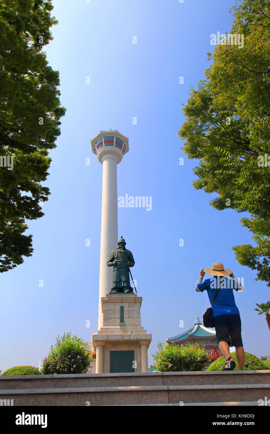 South Korea, Busan. Busan Tower. Statue of Admiral Yi Sun-shin Stock ...