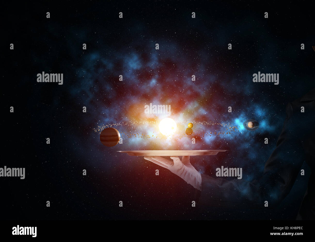Hand of waitress presenting solar system on tray Stock Photo - Alamy